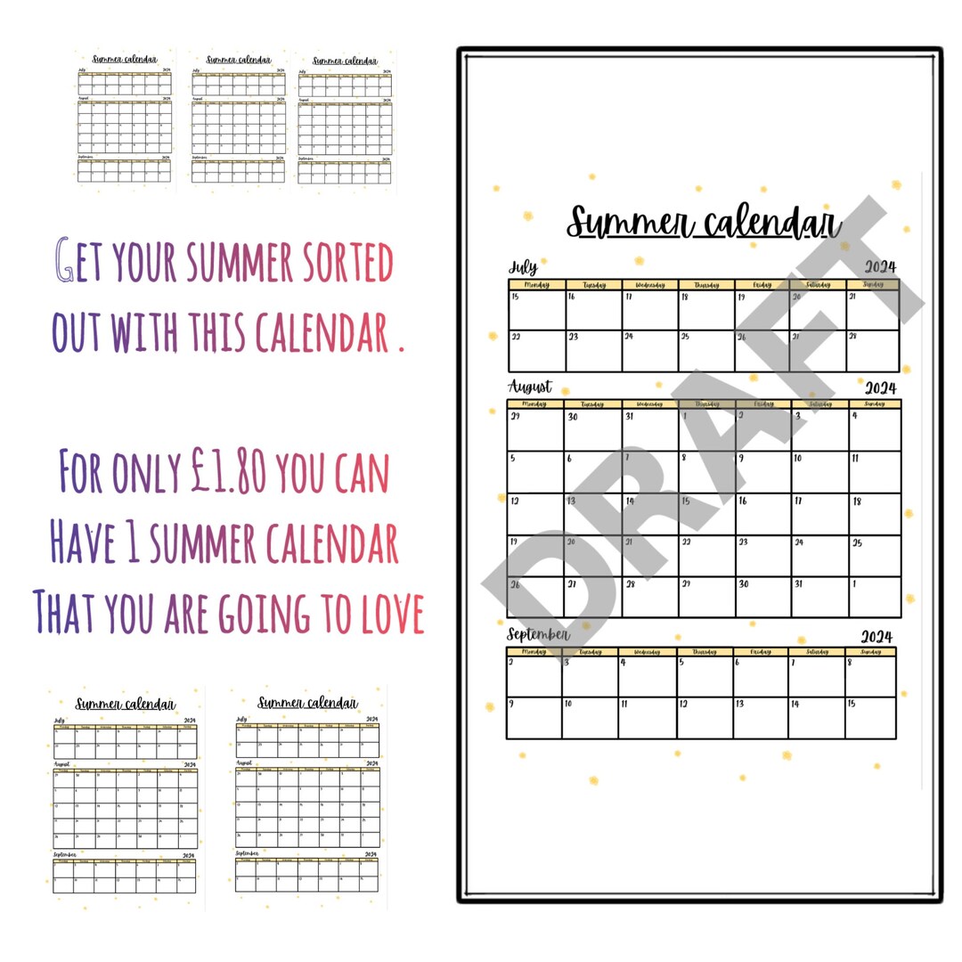 Summer Calendar 2024. A4 Digital Download. Organise Your Summer Plans ...