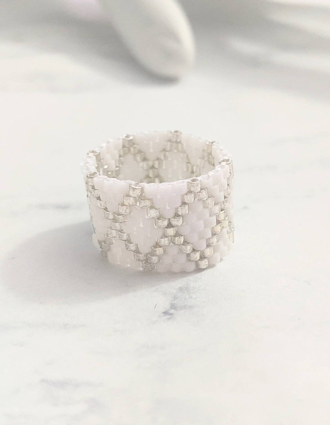 White Silver Peyote Seed Bead Ring, Miyuki Ring Gift Ideas Under 30 ...