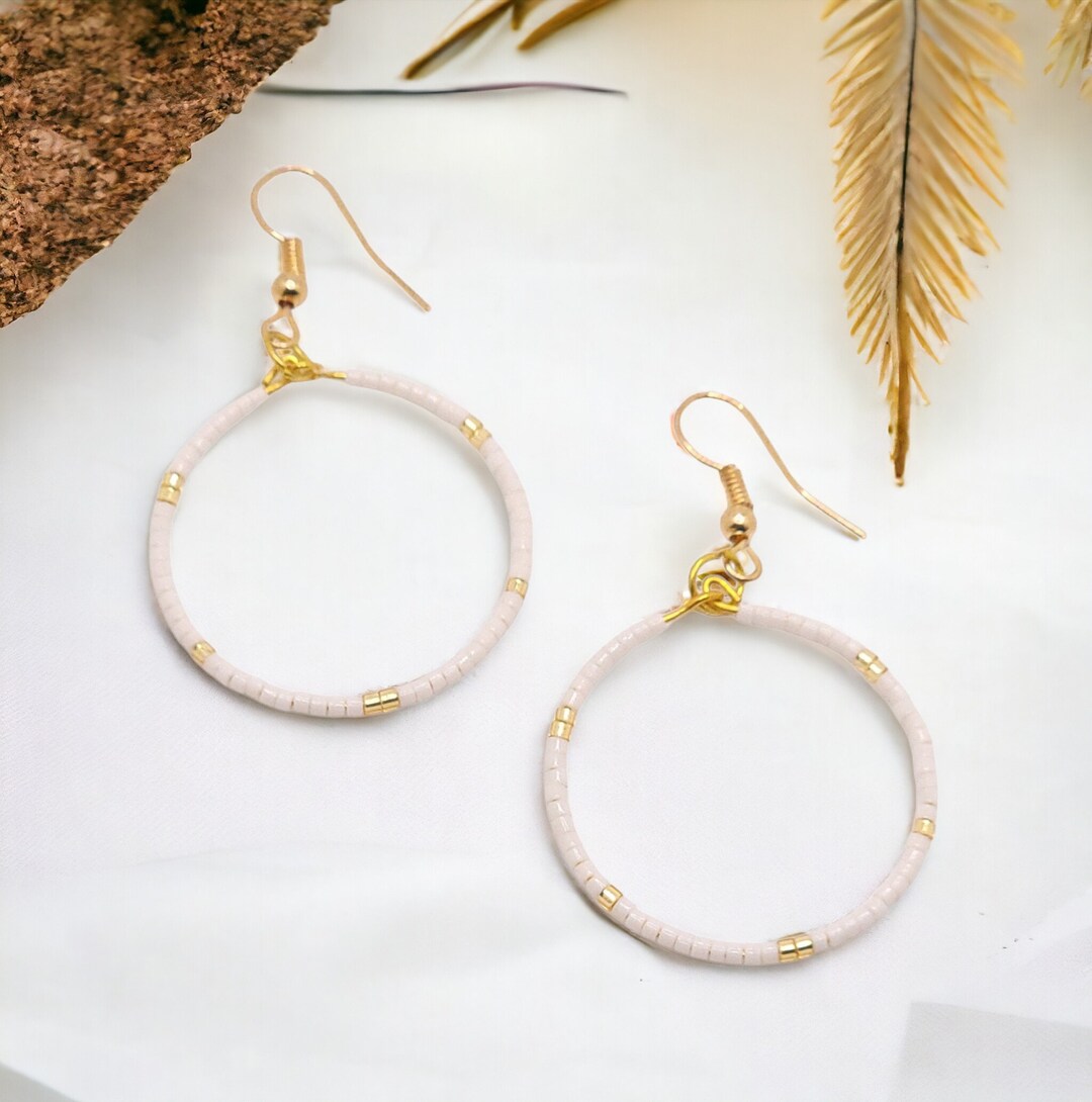 White and Gold Beaded Hoop Earrings Everyday Jewelry Gift for Her, Ear ...