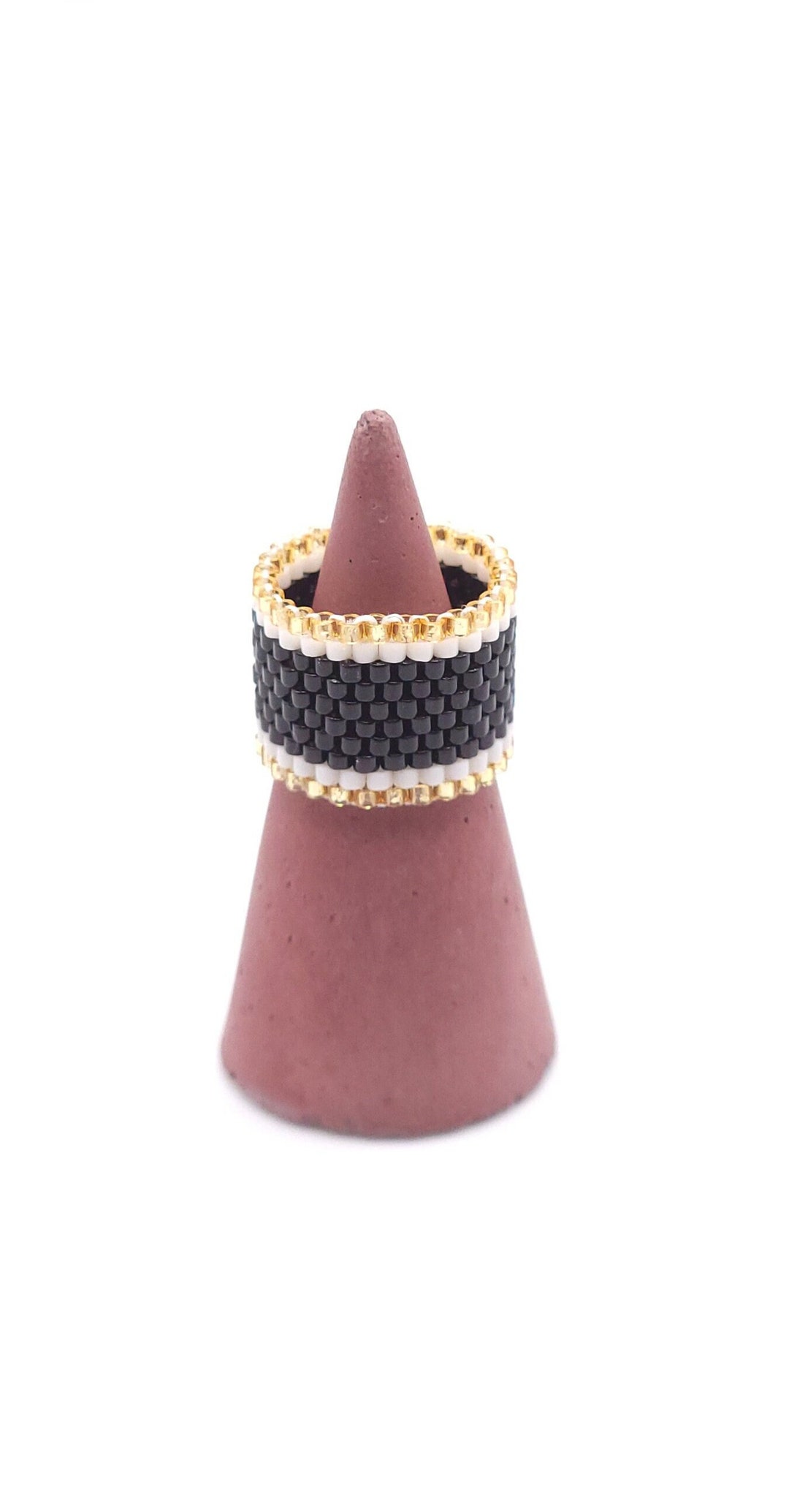 Handmade Beaded Rings, Gold White Black Hand Woven Miyuki Seed Bead ...