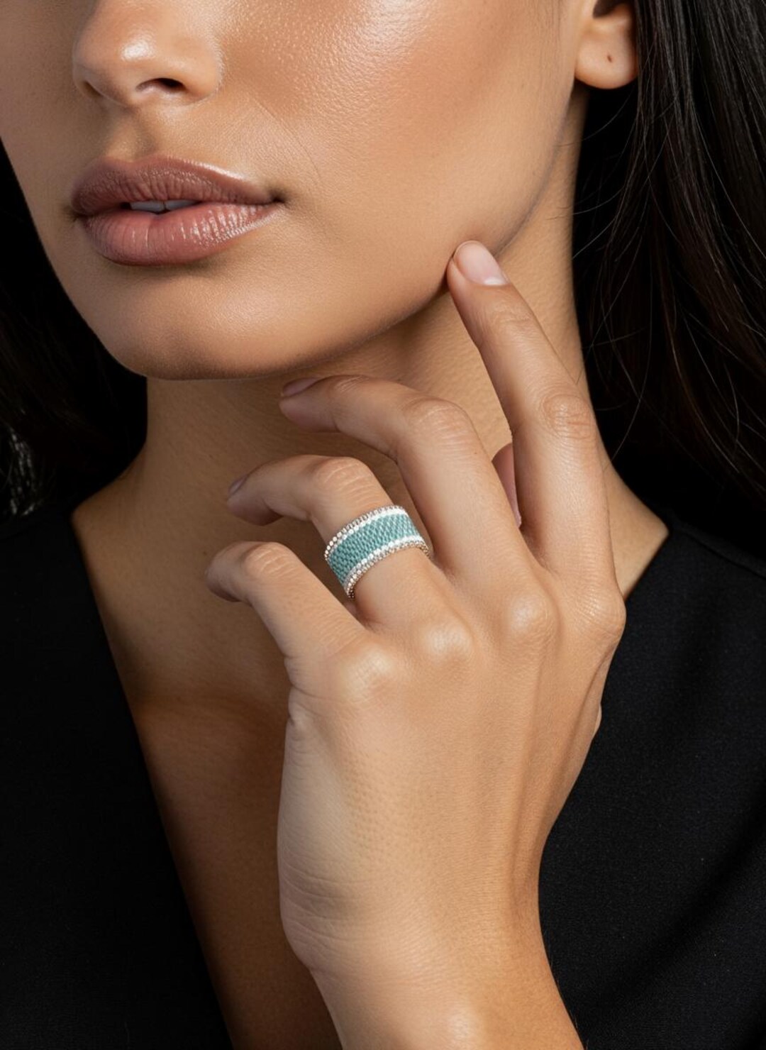 Matte Sea Green White and Silver Peyote Stitch Ring for Women - Perfect ...