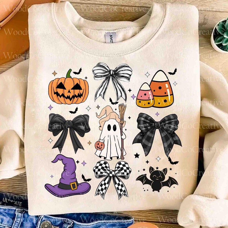 Coquette Bow Halloween PNG, Halloween Ghost Pumpkin, Candy Corn,bat, Retro Witch Hat Halloween ...