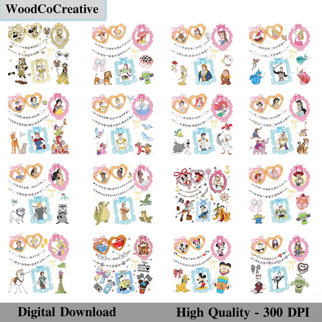 Bundle Cartoon Characters PNG, Princess Coquette Bow Digital Paper ...
