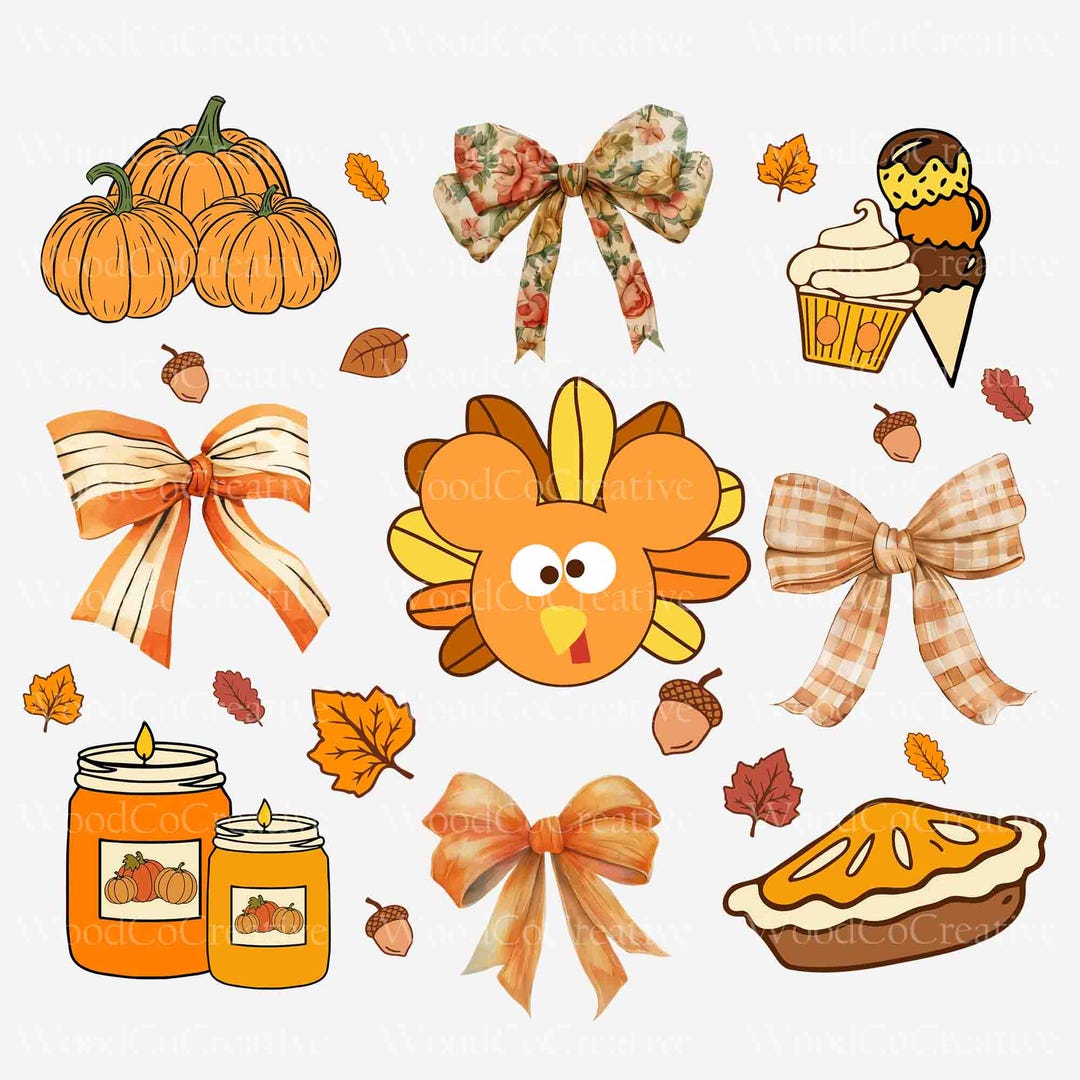 Cute Coquette Bows Turkey Pumpkin Pie Thanksgiving PNG, Thanksgiving ...