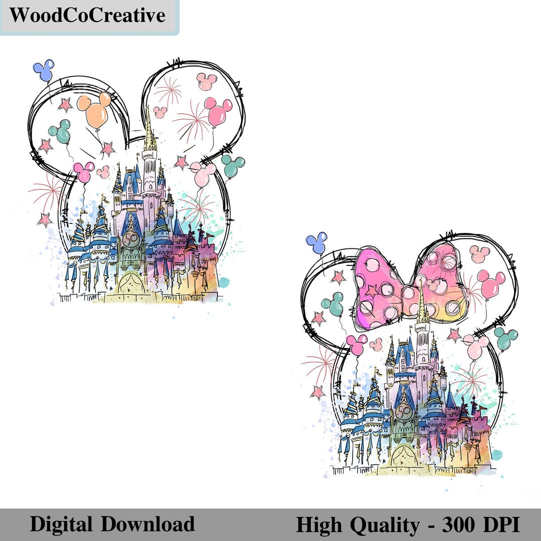 Bundle Mouse Ear Castle Png, Watercolor Castle Png, Retro Colorful ...