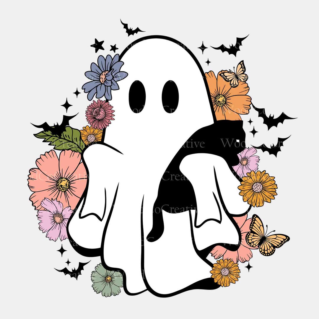 Boo Flower Ghost Halloween Black Cat PNG, Ghost Floral Png, Retro ...