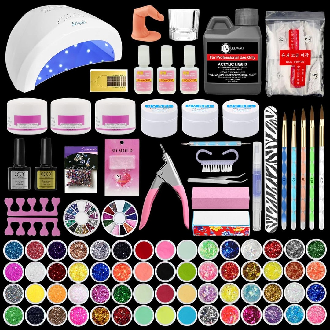 Acrylic Nail Kit Full 60 Glitter Liquid Nail Art Kits Set Tip Brush ...