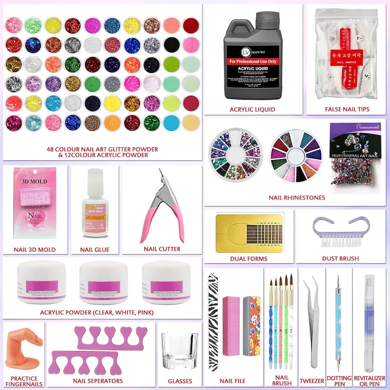 Acrylic Nail Kit Full 60 Glitter Liquid Nail Art Kits Set Tip Brush ...