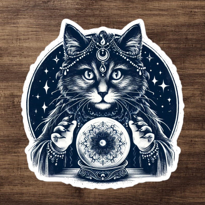 Cat Fortune Teller Sticker, Psychic Cat With Crystal Ball, Metaphysical ...