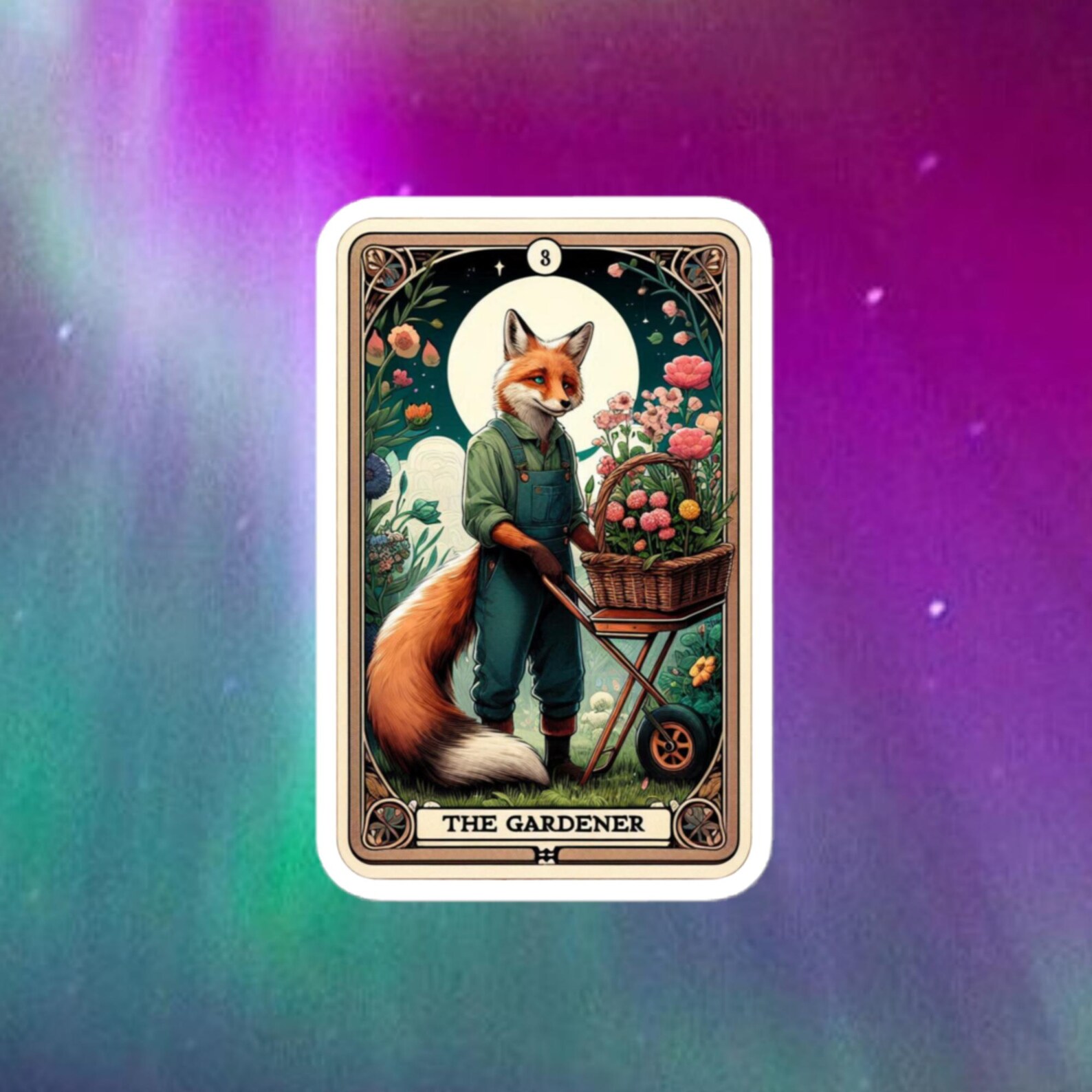 The Gardener Tarot Card Sticker, Fox Gardening With Flowers & Plants ...