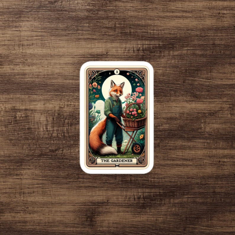 The Gardener Tarot Card Sticker, Fox Gardening With Flowers & Plants ...