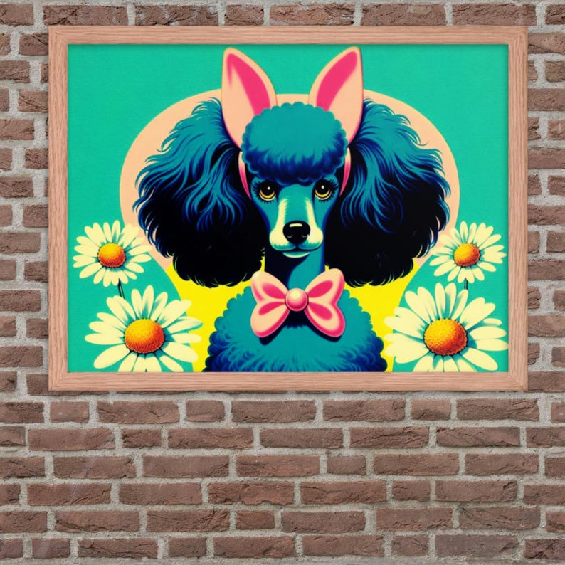 Framed Retro Kitsch Poodle Poster – Blue Poodle Art Print With Bunny ...