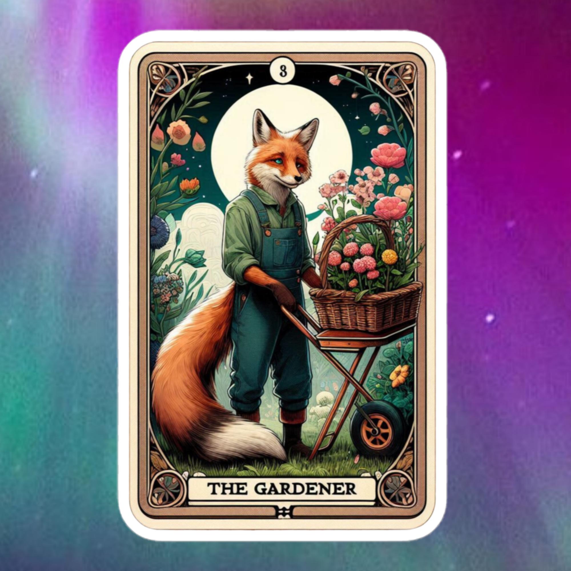 The Gardener Tarot Card Sticker, Fox Gardening With Flowers & Plants ...