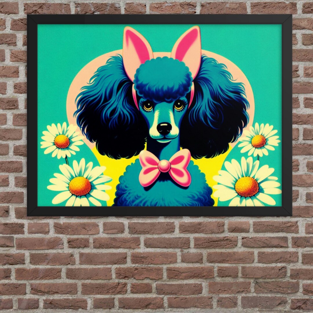 Framed Retro Kitsch Poodle Poster – Blue Poodle Art Print With Bunny ...
