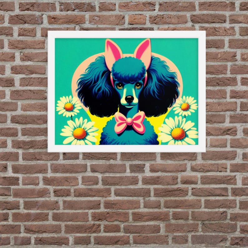 Framed Retro Kitsch Poodle Poster – Blue Poodle Art Print With Bunny ...