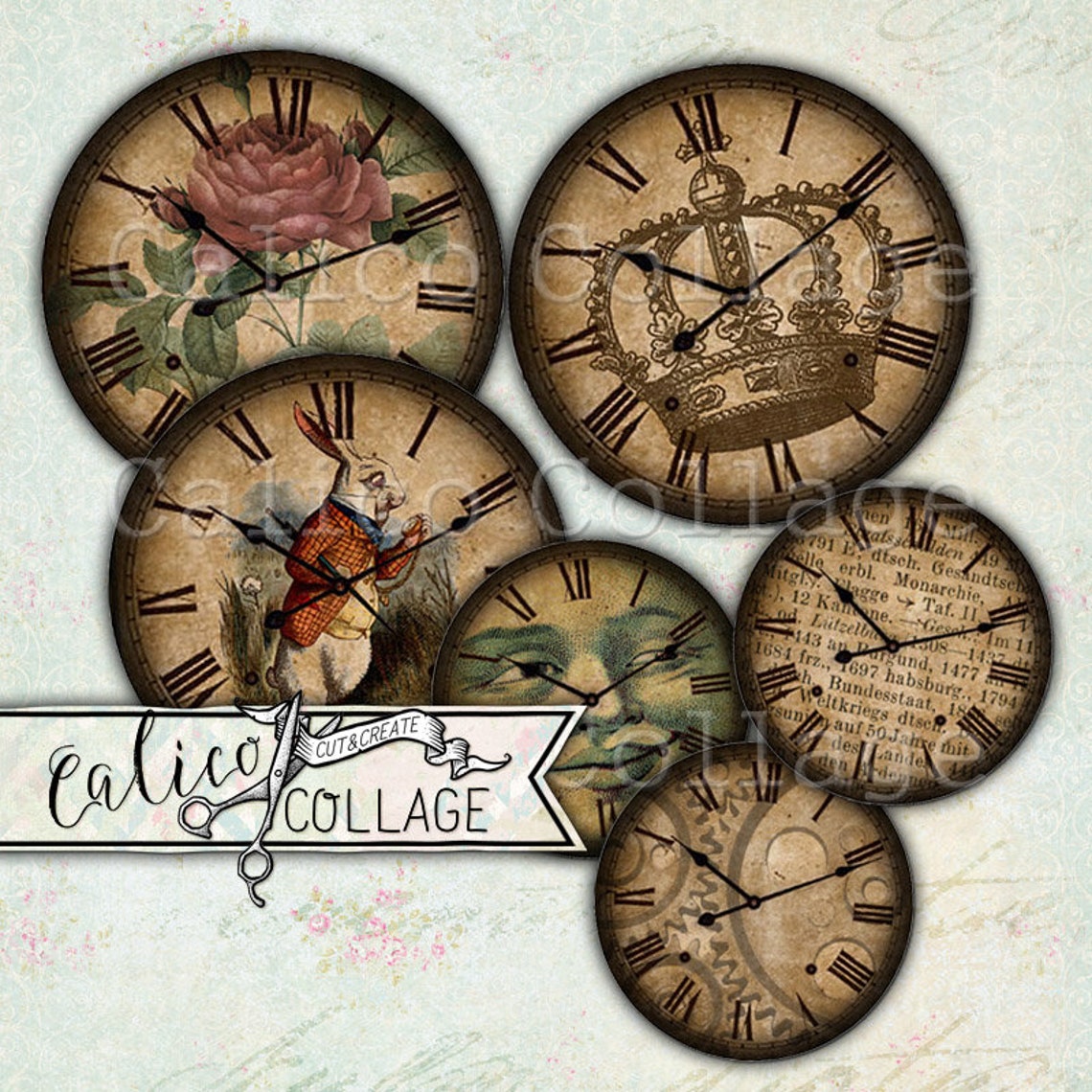 Printable Vintage Steampunk Clock Faces Ephemera Pack Junk Journal Kit ...