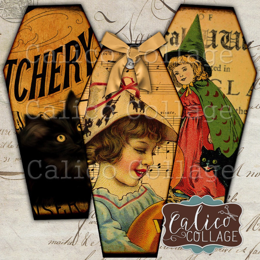 Printable Vintage Halloween Coffin Tags, Junk Journal, Halloween ...