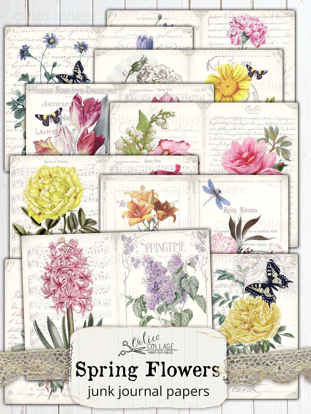 Spring Junk Journal Digital Paper Pack Prints, Spring Ephemera, Floral ...