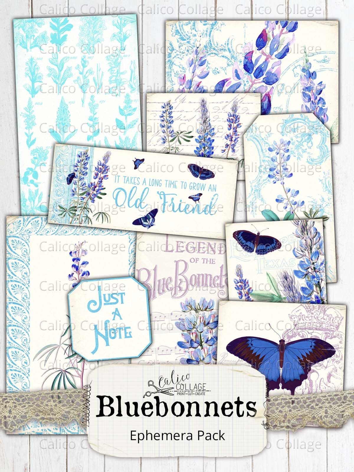 Printable Bluebonnet Ephemera Pack, Vintage Junk Journal Supplies ...