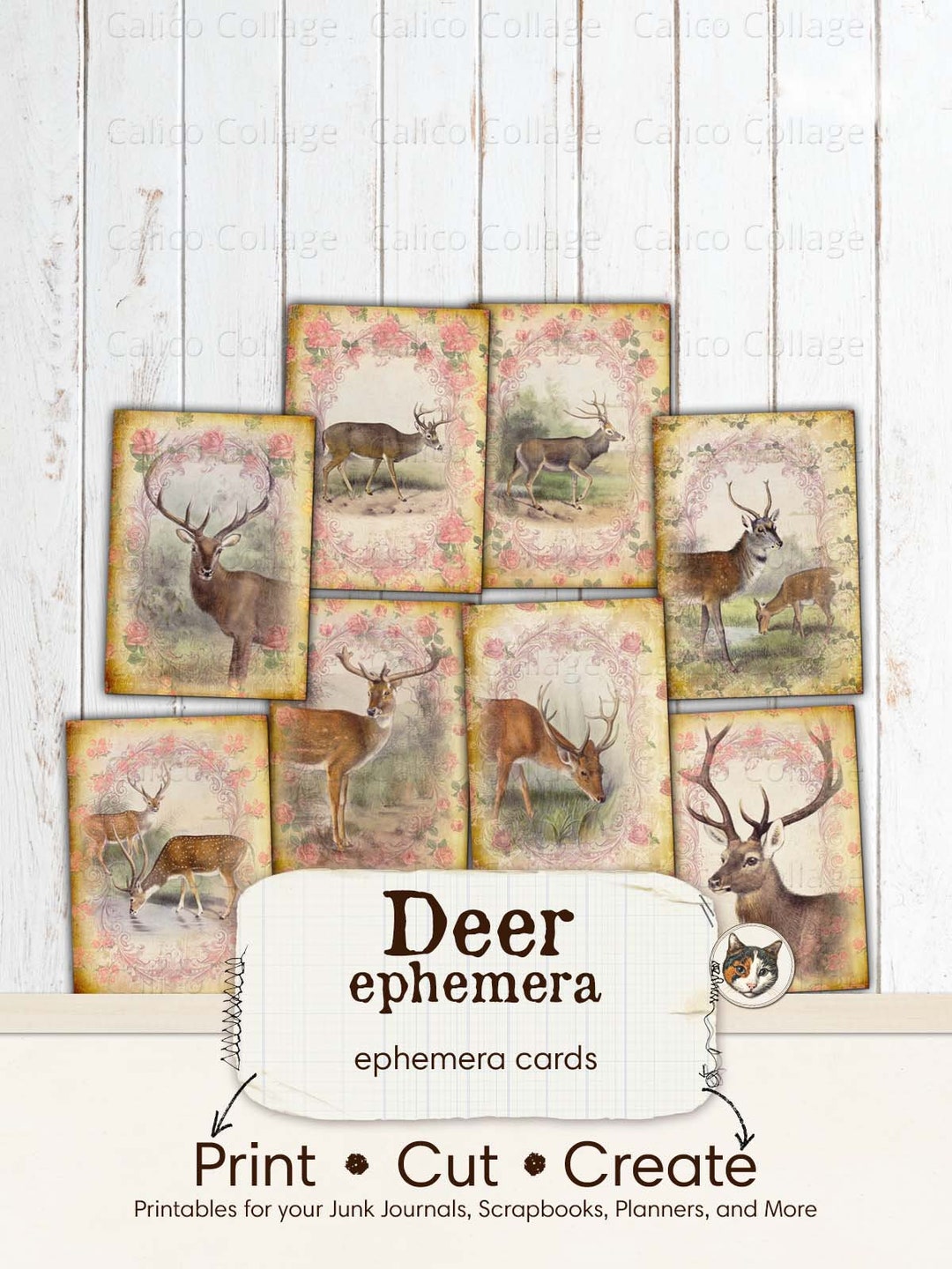 Vintage Deer Printable Junk Journal Ephemera Cards, Bullet Journal ...