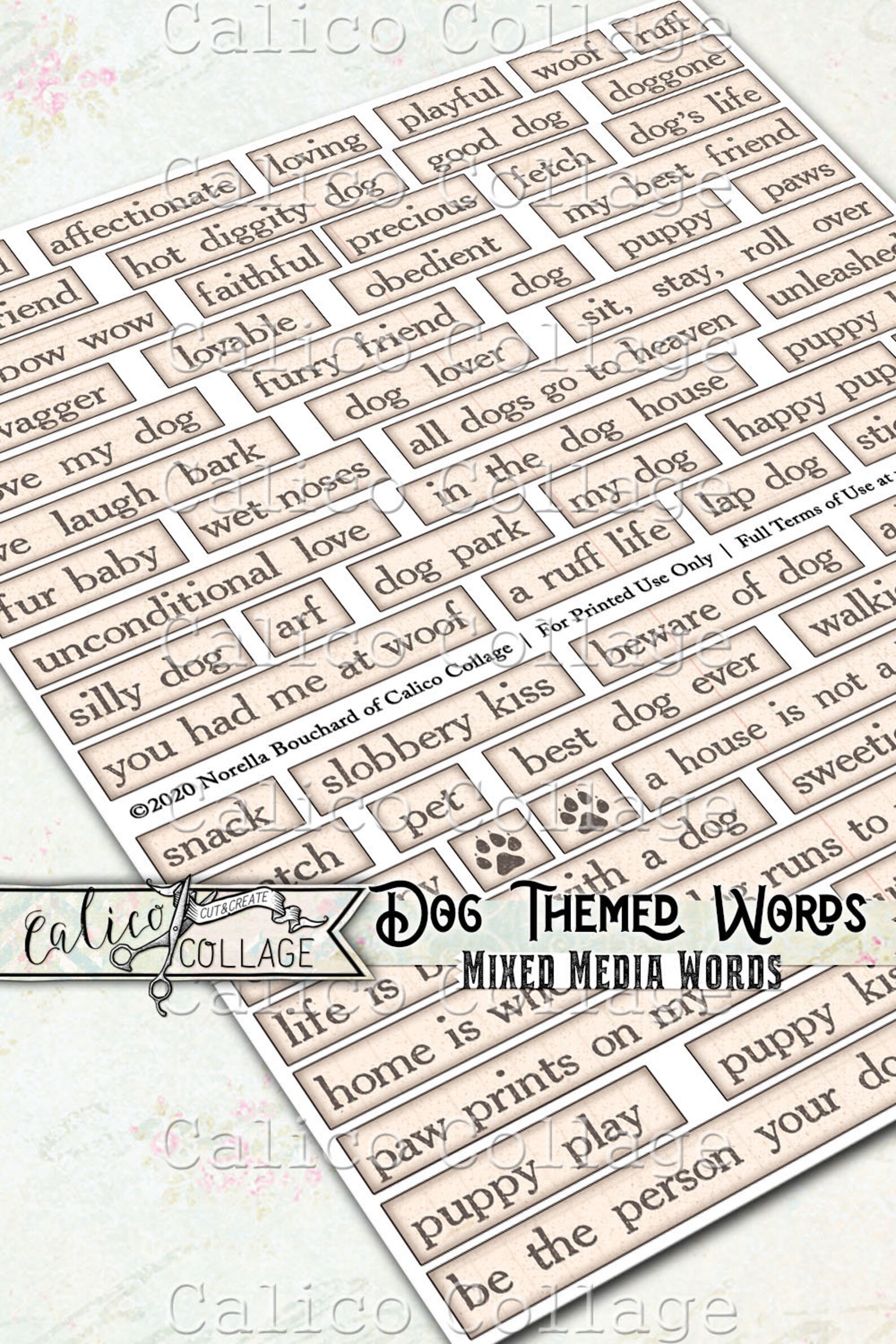 Printable Dog Words, Mixed Media Words, Dogs and Roses, Junk Journal ...