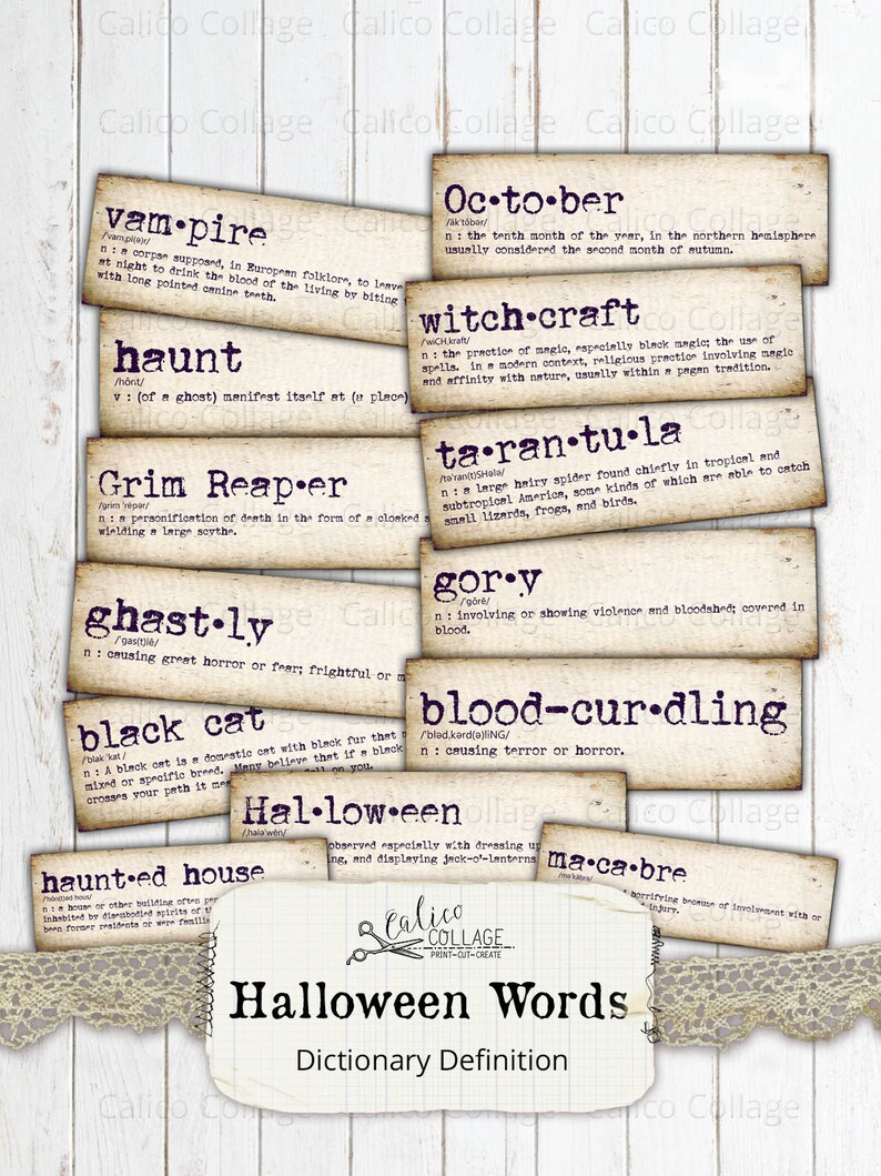Halloween Dictionary Words, Junk Journal Printable, Halloween Ephemera ...