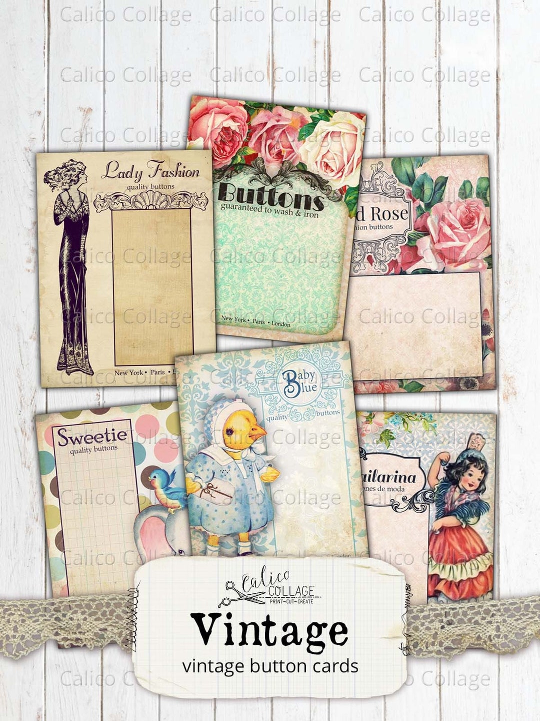 Vintage Button Cards, Printable Sewing Ephemera, Junk Journal Ephemera ...