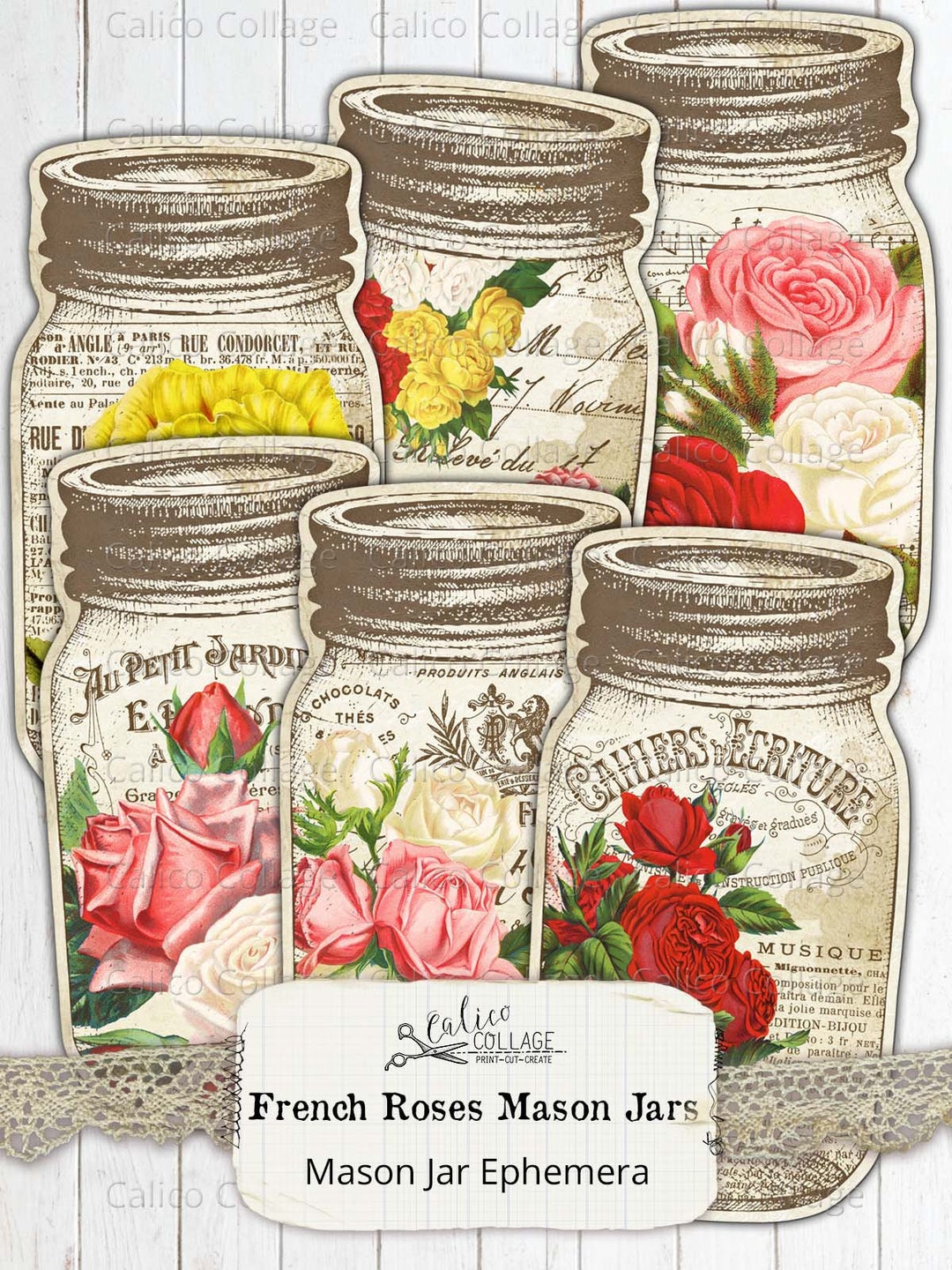 Mason Jar Printable Junk Journal Ephemera, Journal Supplies, Junk Journal Tags, Vintage Rose ...
