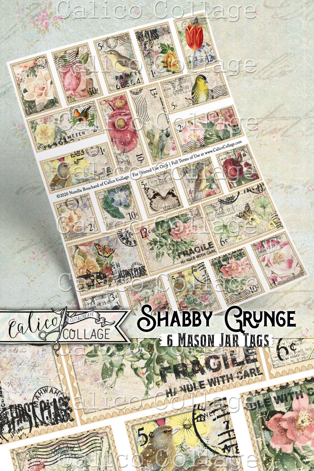 Printable Faux Stamps Ephemera Pack Shabby Grunge 20 | Etsy