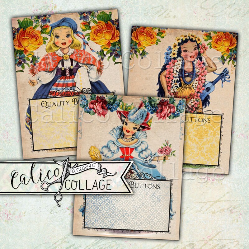 Printable Vintage Button Cards Sewing Ephemera Retro | Etsy