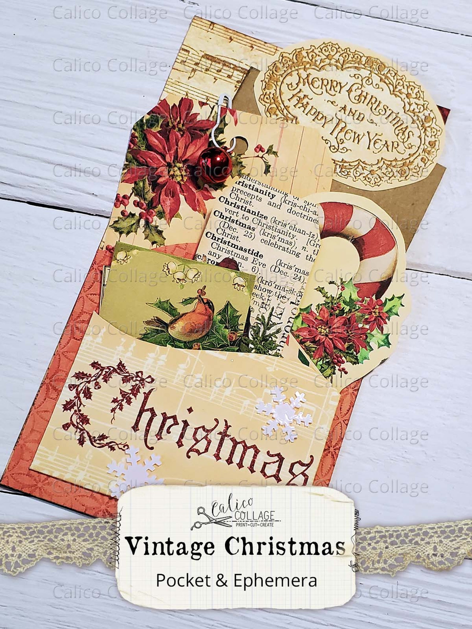 Printable Vintage Christmas Ephemera Pockets, Golden Christmas Junk ...