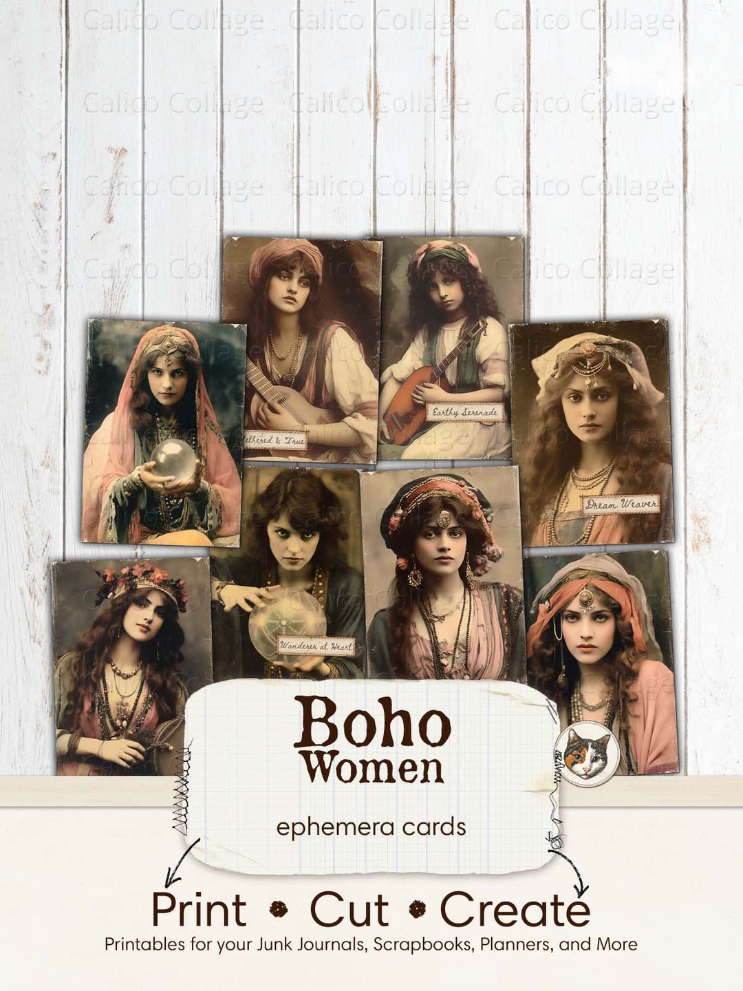 Bohemian Junk Journal Printable, Boho Women Ephemera Cards, Digital ...