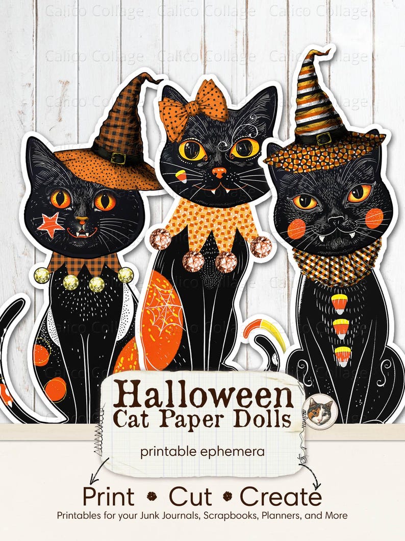 Halloween Printable Cat Paper Dolls – Black Cat Ephemera for Junk ...