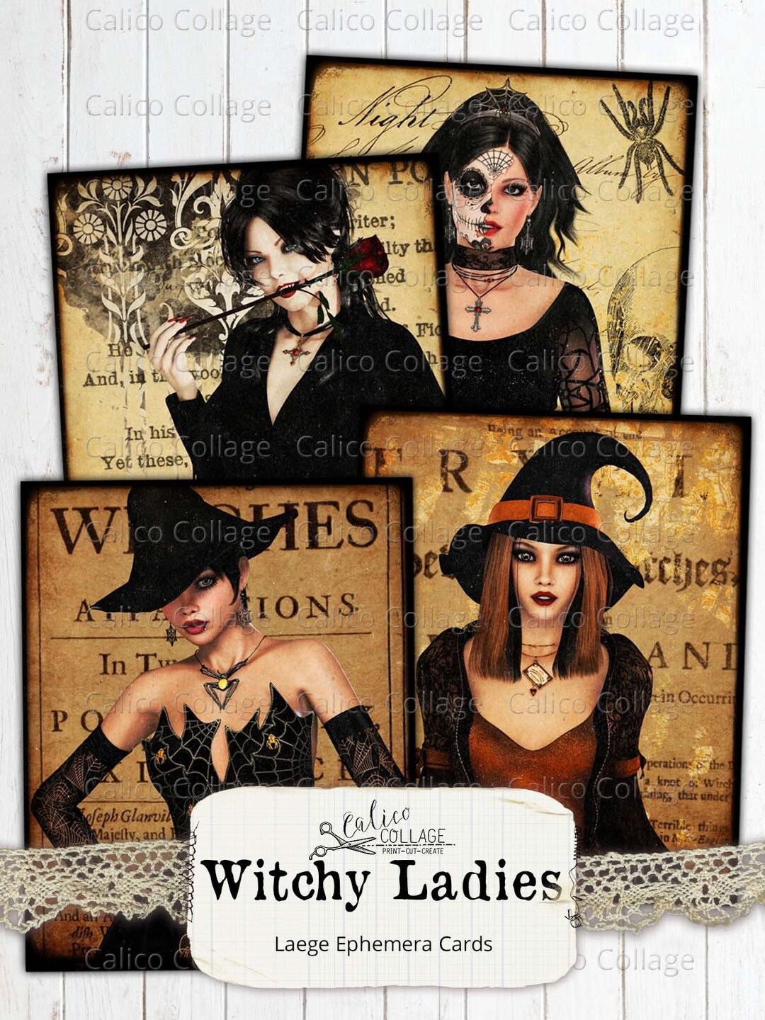 Witchy Ladies Printable Junk Journal Ephemera Cards, Journal Supplies ...