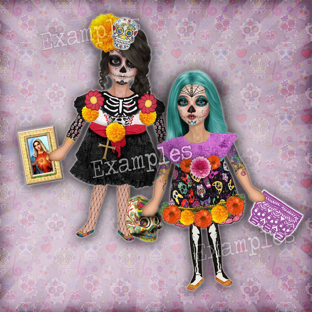 Sugar Skull Dolls, Printable Art Dolls, Paper Doll, Digital Collage ...