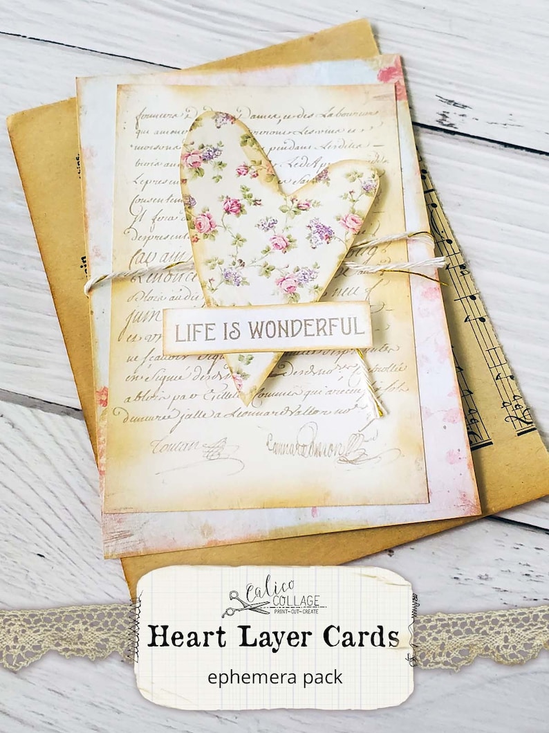 Heart Layer Cards Ephemera Pack, Printable Shabby Chic Junk Journal Kit ...