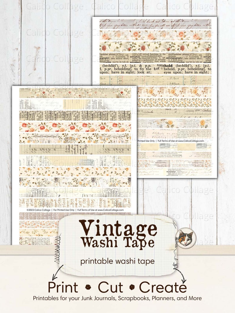 Vintage Washi Tape, Printable Washi Tape Strips, Junk Journal Printable ...