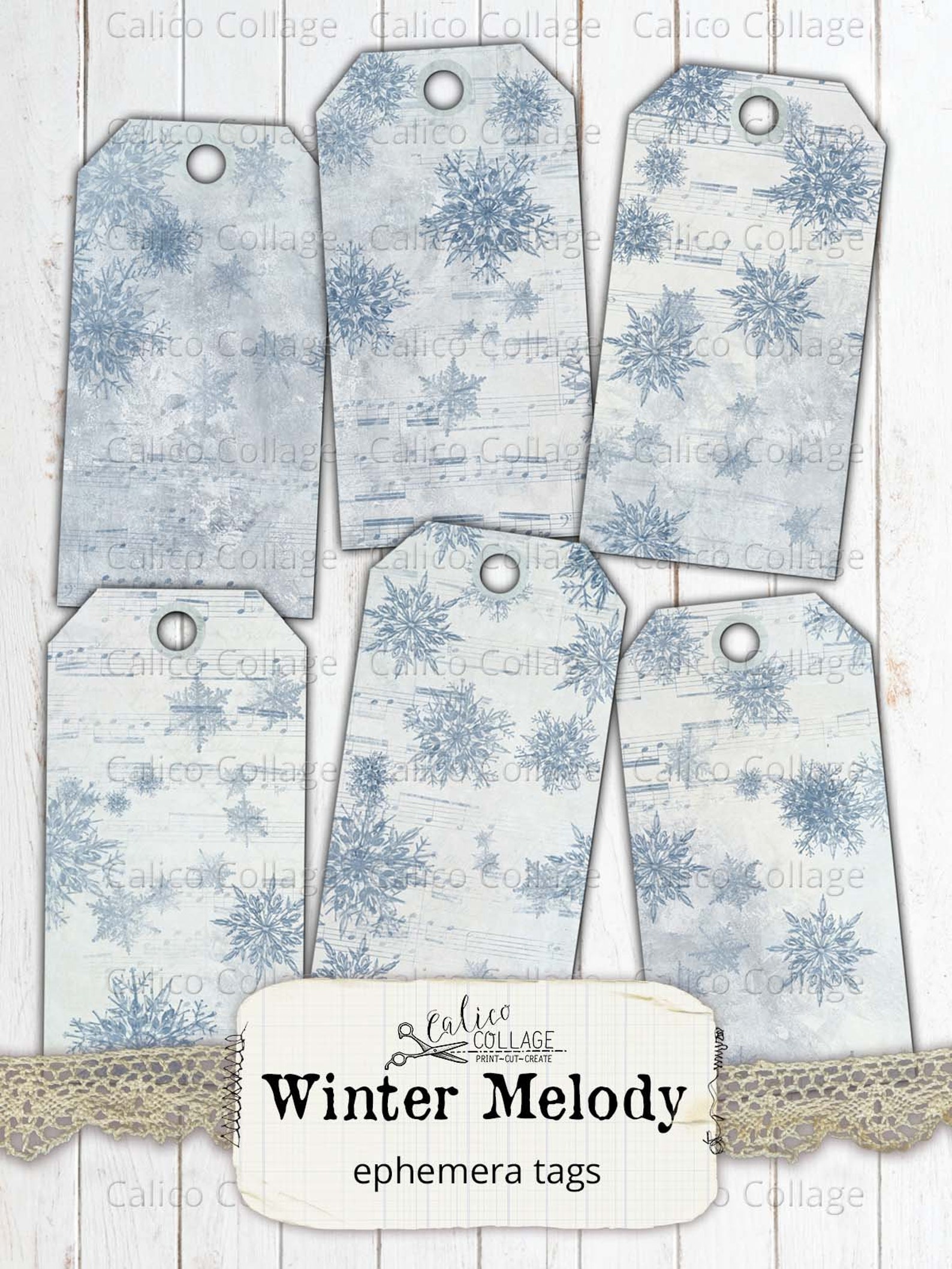 Printable Winter Ephemera Tags, Winter Melody Ephemera Pack, Vintage ...