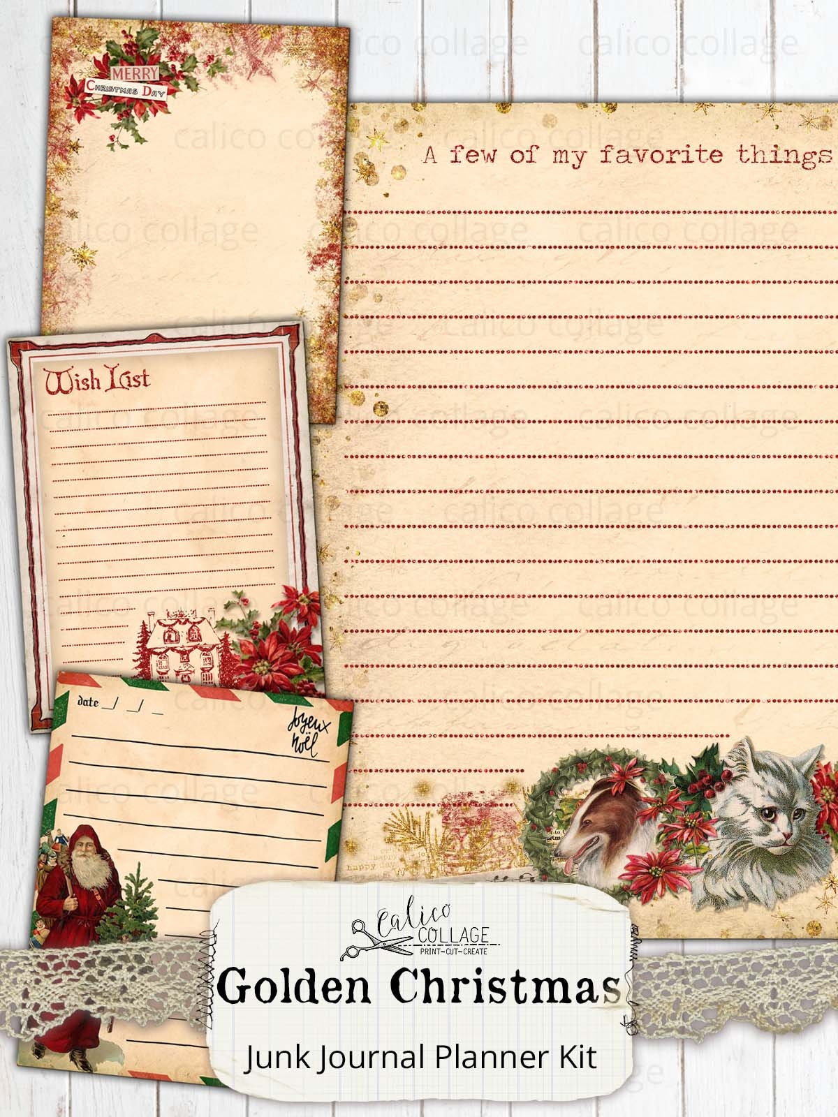 Printable Planner Golden Christmas, Junk Journal Kit, Holiday Ephemera ...