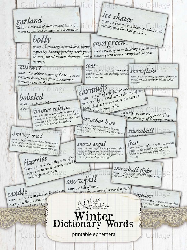 Winter Dictionary Words, Junk Journal Printable Ephemera, Definition ...