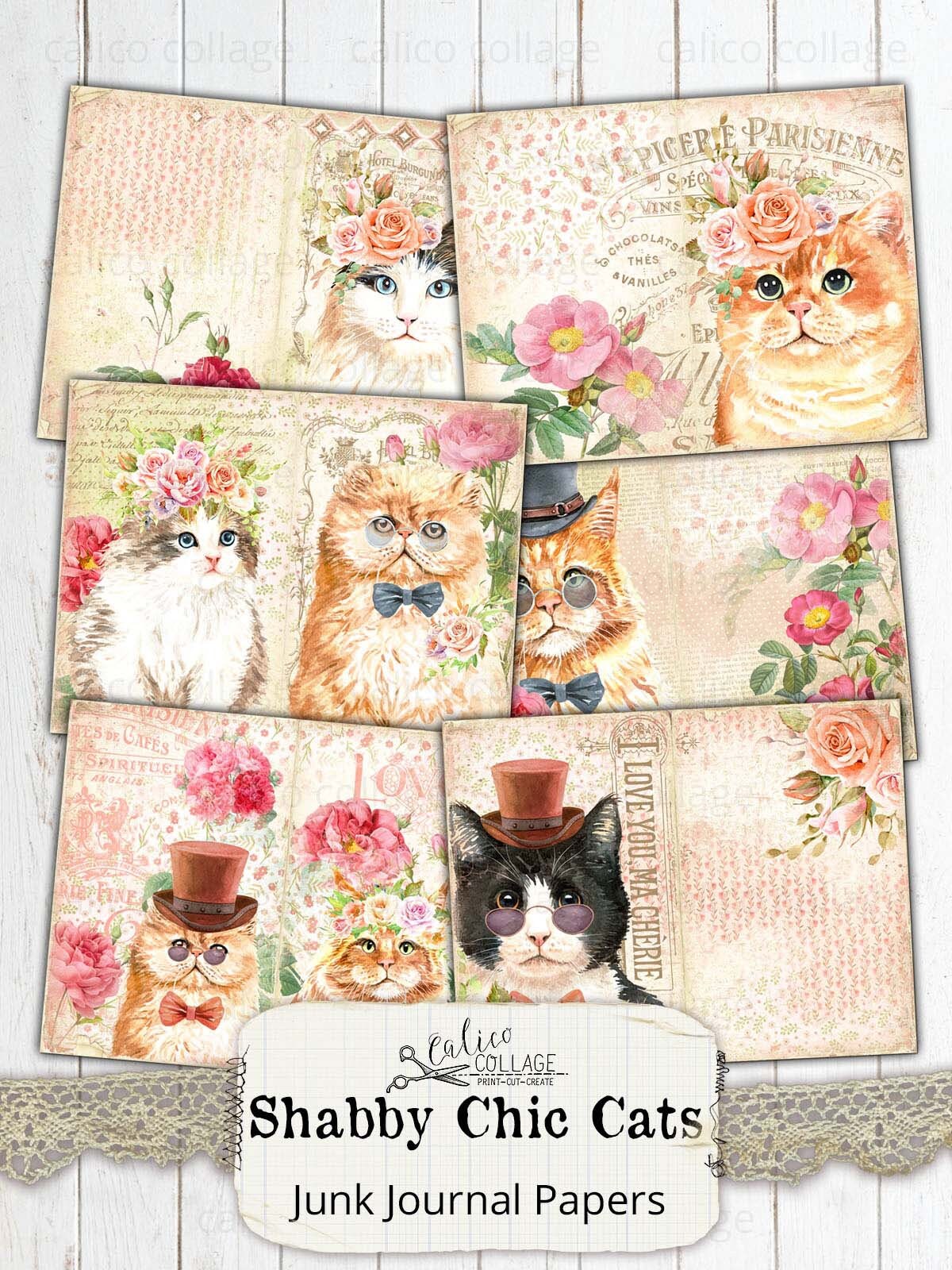 Shabby Chic Cats Rose Junk Journal Papers Journal Supplies - Etsy