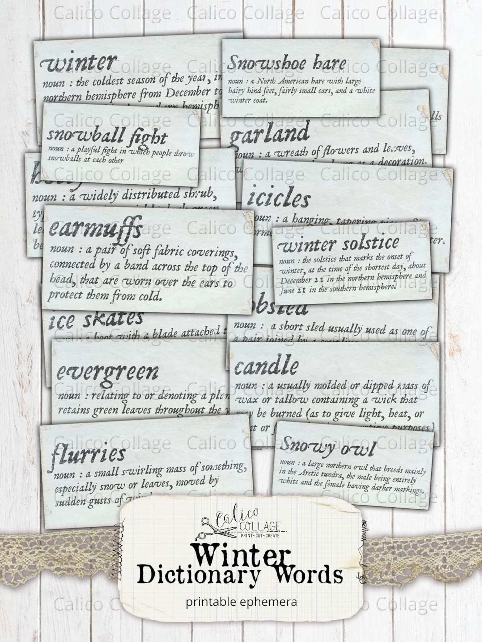 Winter Dictionary Words Junk Journal Printable Ephemera - Etsy