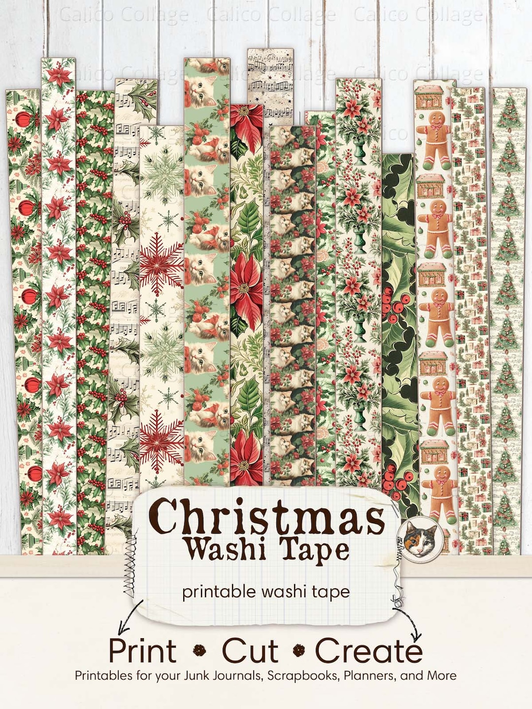 Christmas Washi Tape, Printable Holiday Ephemera Washi Tape Strips ...