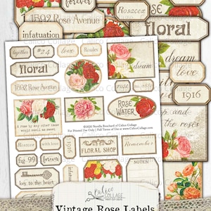 Printable Rose Labels, Junk Journal Supplies Vintage, Shabby Chic Rose ...