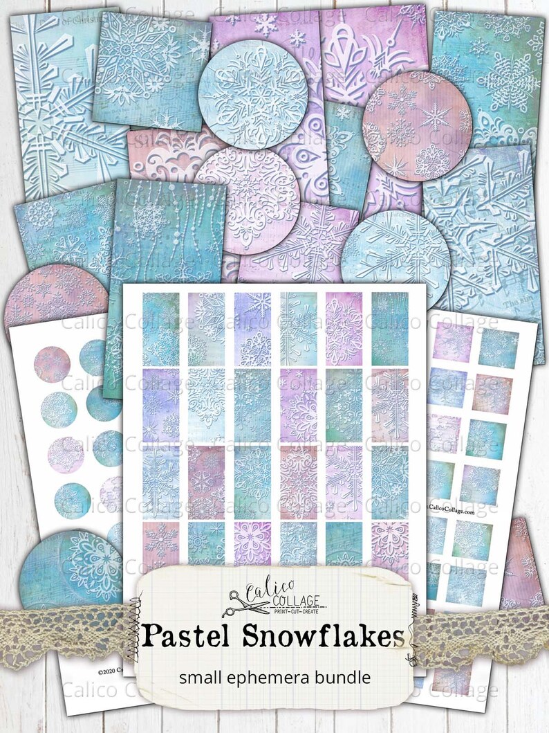 Printable Pastel Snowflake Small Ephemera, Digital Collage Sheet ...