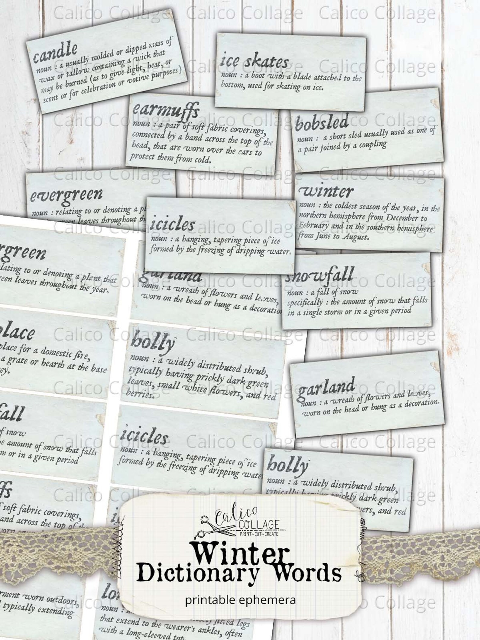 Winter Dictionary Words, Junk Journal Printable Ephemera, Definition ...