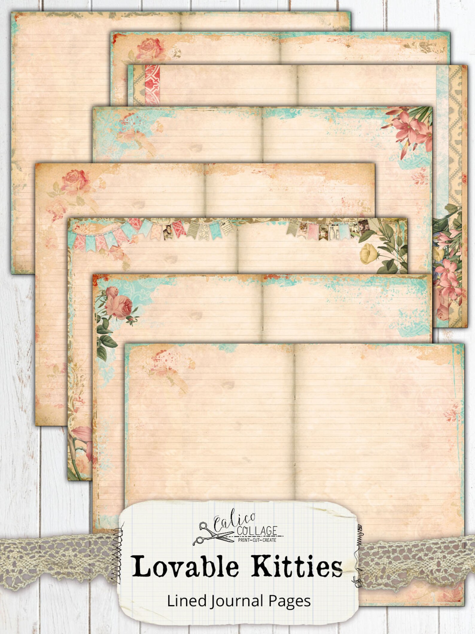 Cat Junk Journal Pages, Lovable Kitties Lined Journal Pages, Cat ...