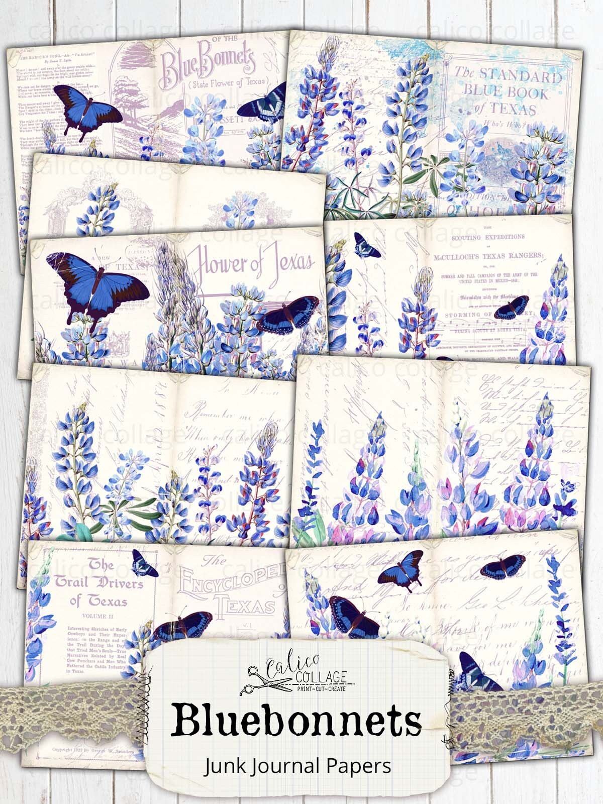 Bluebonnets Floral Printable Junk Journal Pages Digital - Etsy