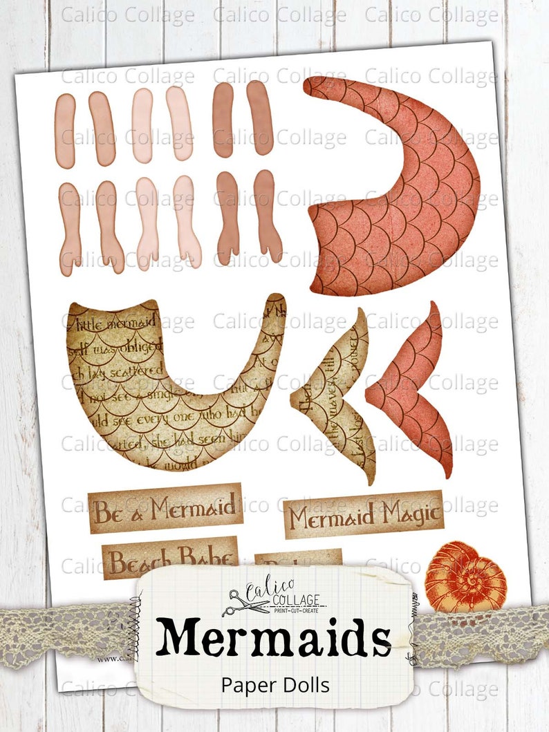 Printable Mermaid Paper Dolls Summer Ephemera Decoupage | Etsy