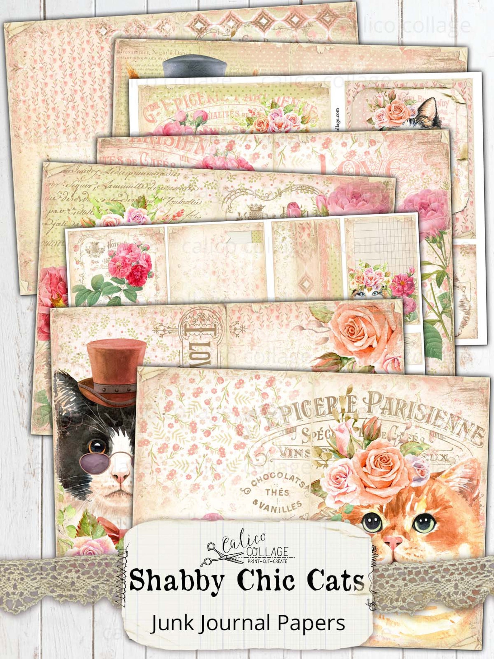 Shabby Chic Cats Rose Junk Journal Papers Journal Supplies | Etsy